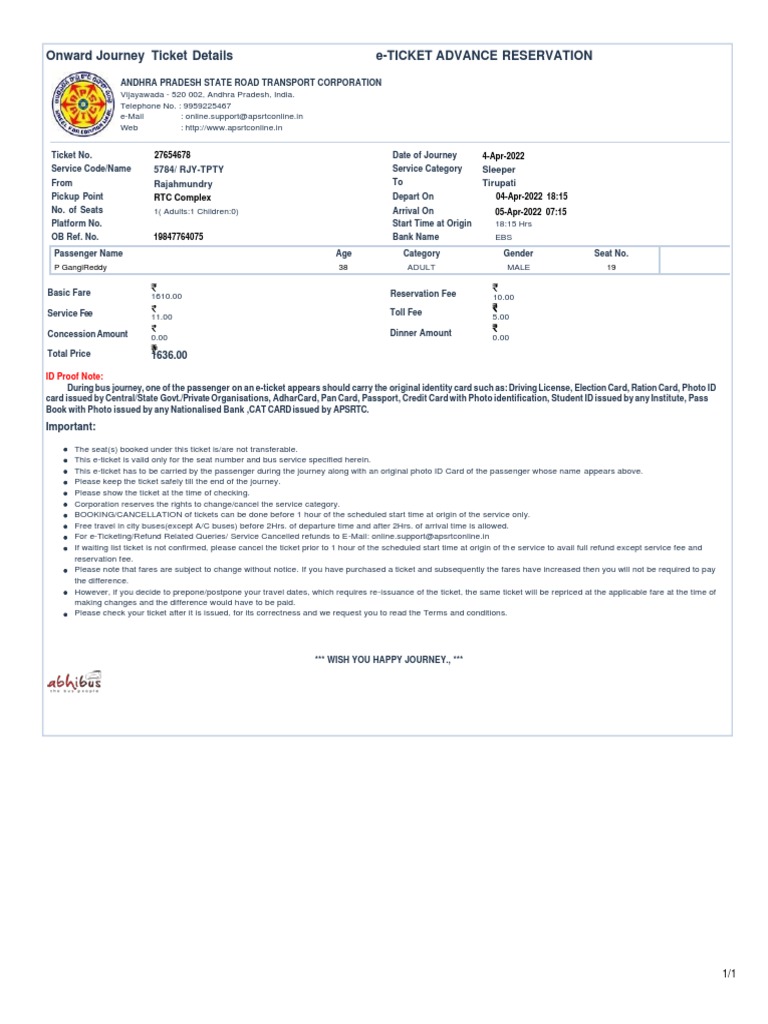 Abhibus Rjy-Tpty TKT | PDF | Ticket (Admission) | Identity Document