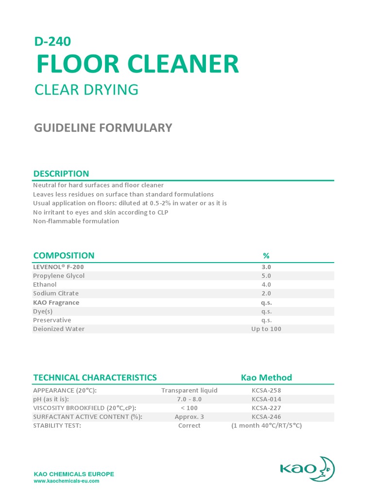zw3 D 240 Kao Floor Cleaner Clear Drying - Level | PDF | Surfactant ...