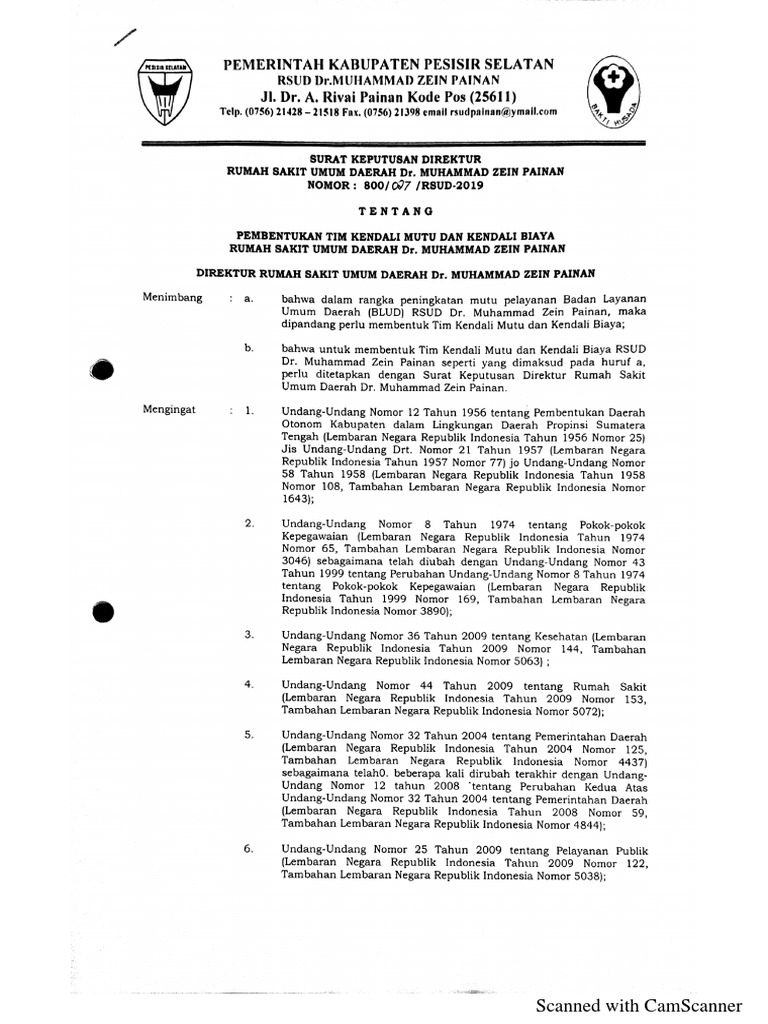 SK TTG Pembentukan Tim Kendali Mutu Dan Kendali Biaya 2019 | PDF