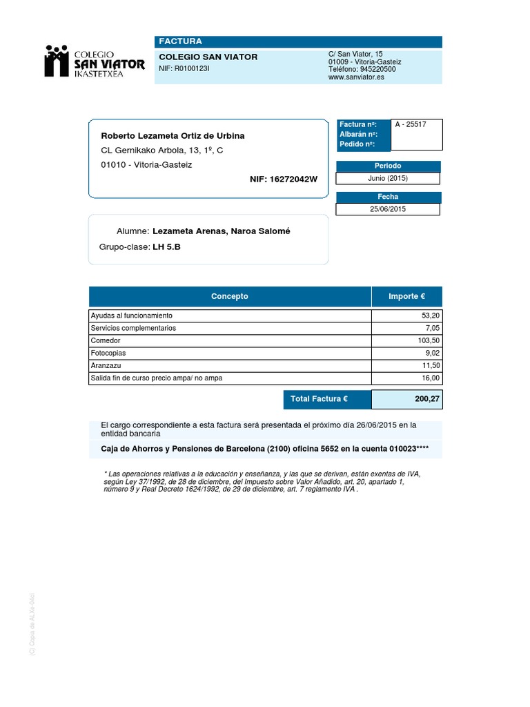 Factura del Colegio San Viator 2015 | PDF | Factura | Documentos ...