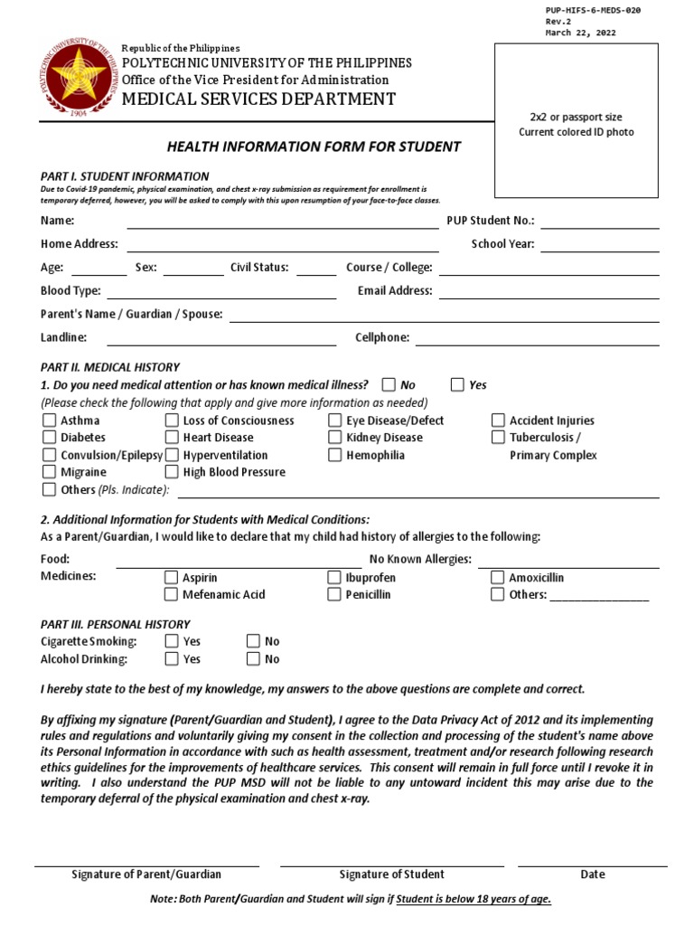 PUP Medical Health Information Form For Students 2022 | PDF | Physical ...