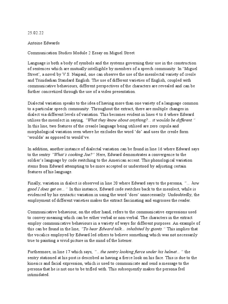 Comm Studies Module 2 Essay On Miguel Street | PDF | Dialect ...