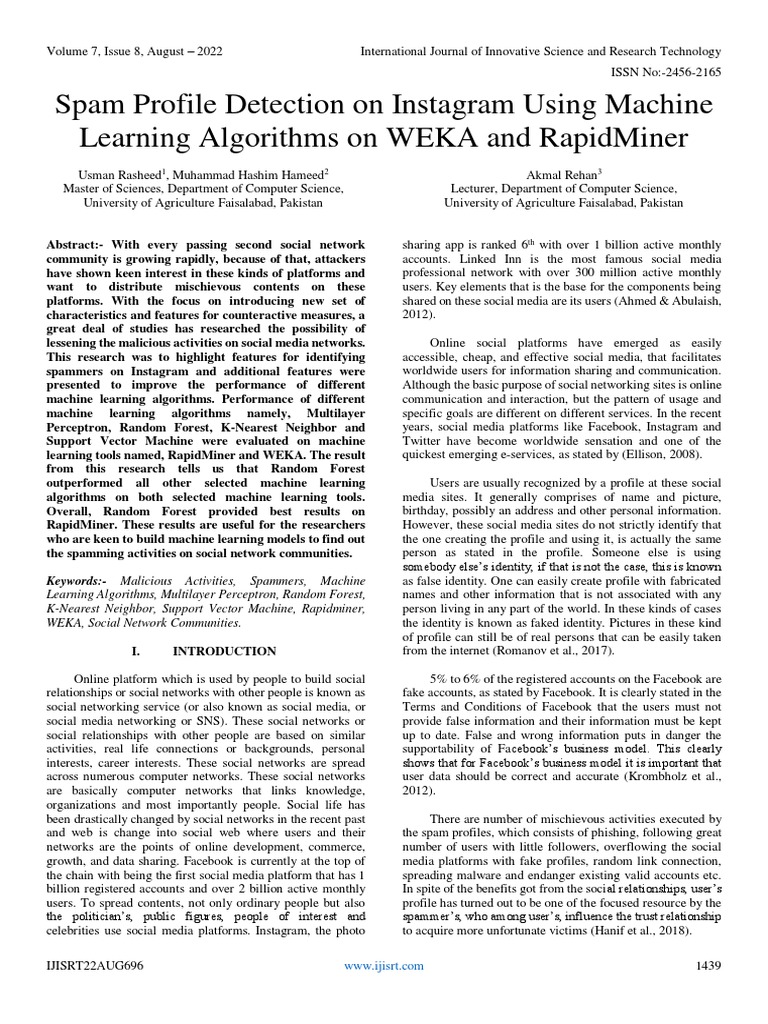 Spam Profile Detection On Instagram Using Machine Learning Algorithms On Weka And Rapidminer