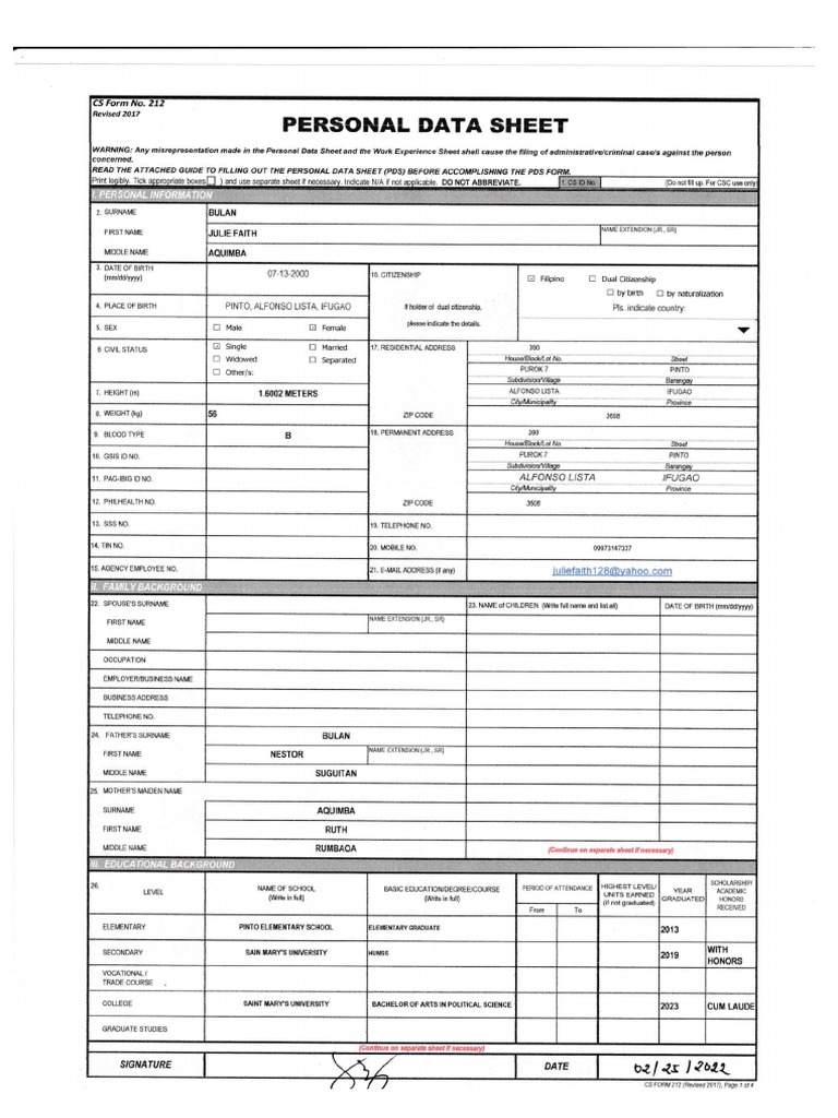 Personal Data Sheet Revised 2017 | PDF