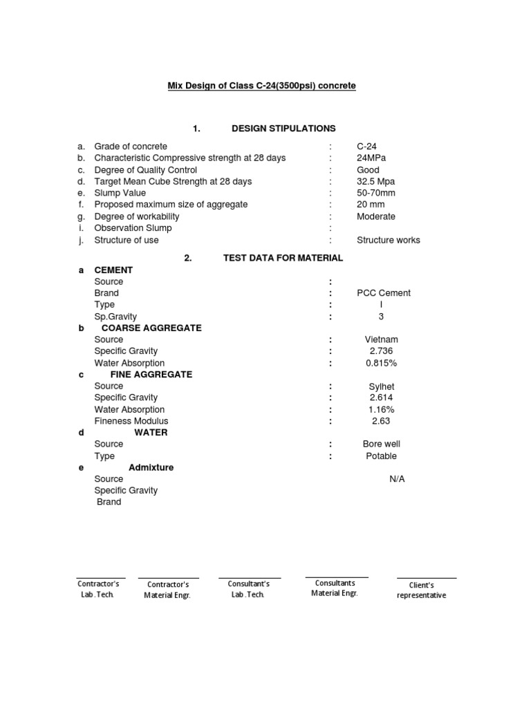 Mix Design of Class C-24 (3500psi) Concrete | PDF | Concrete | Applied ...
