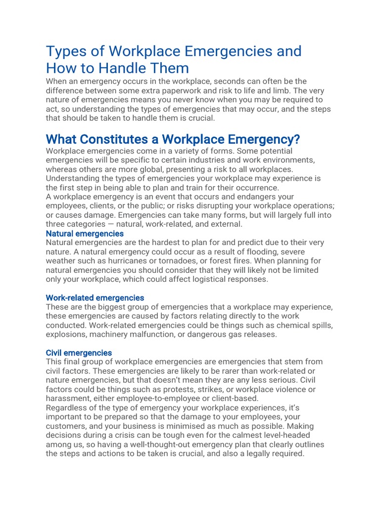 Types of Workplace Emergencies and How To Handle Them | PDF