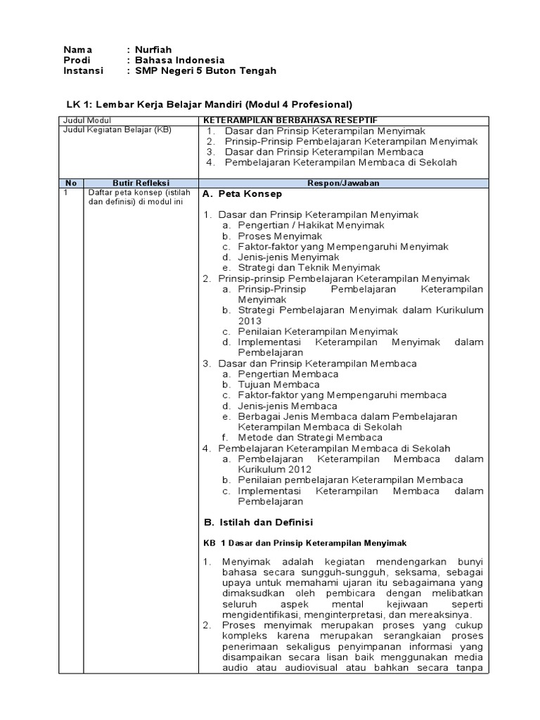LK 1 Modul 4 Profesional-Keterampilan Berbahasa Reseptif - NURFIAH | PDF | Karier & Perkembangan