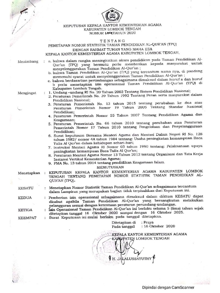 Ijin Operasional TPQ | PDF