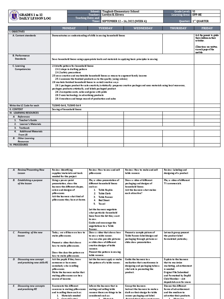 DLL - Epp 6 - Q1 - W4 | PDF | Learning | Rubric (Academic)