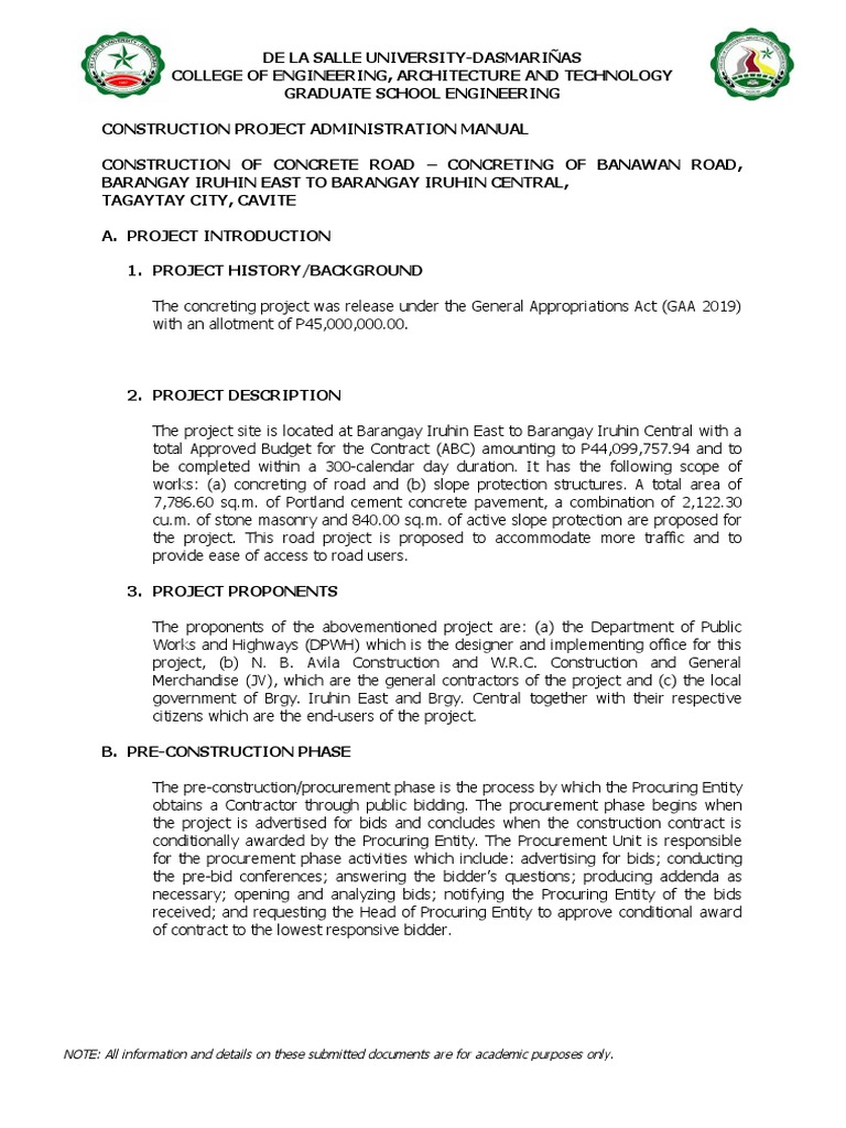 Construction Project Administration Manual for the Concrete Road ...