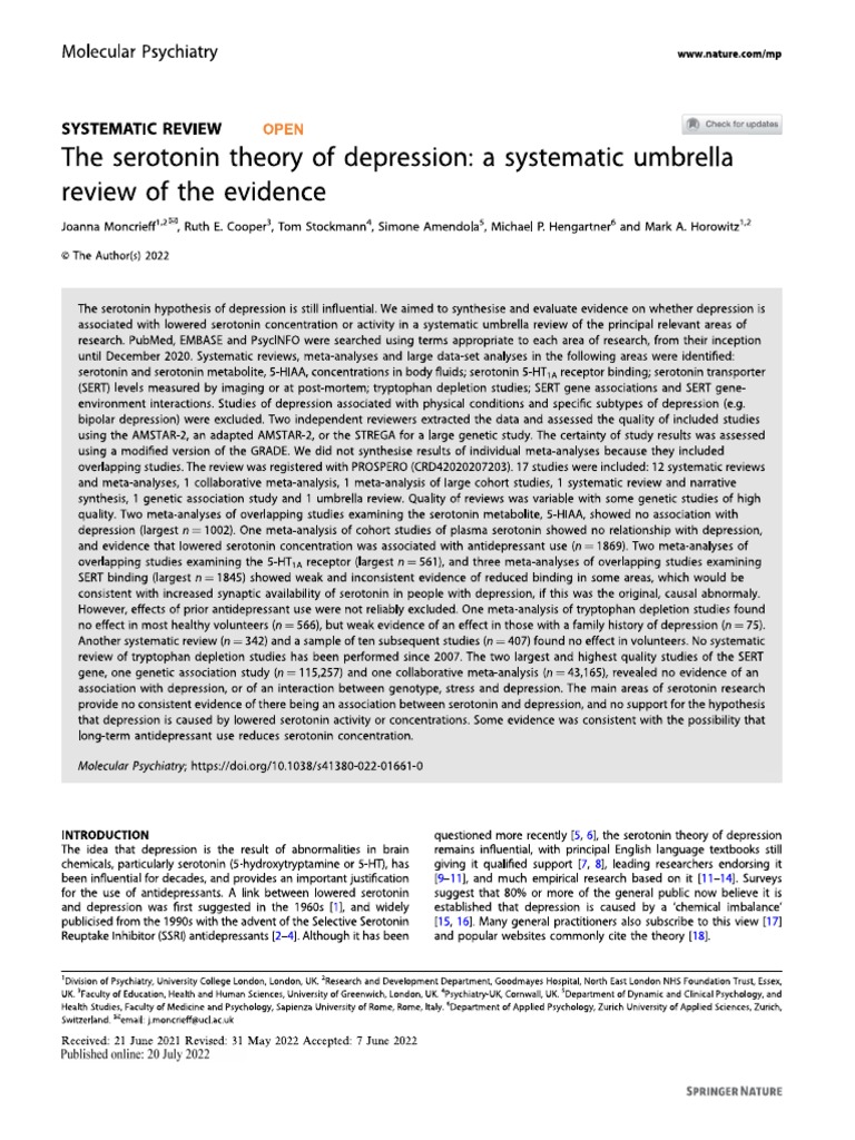 The Serotonin Theory of Depression - A Systematic Umbrella Review of ...