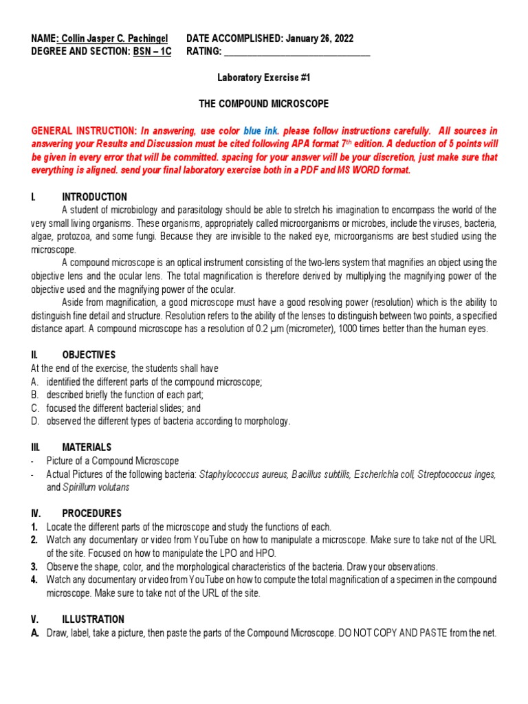 Laboratory Exercise No. 1 | PDF | Microscope | Microbiology