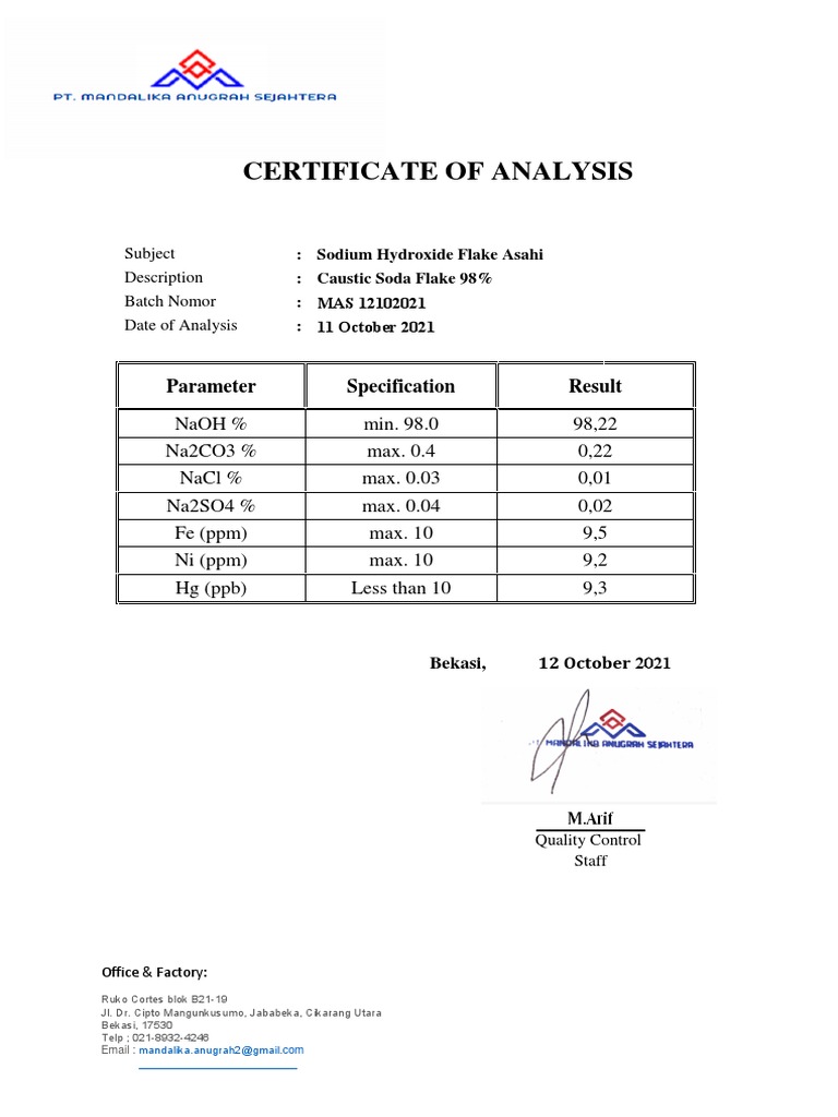 COA - NaOH Flake Asahi | PDF