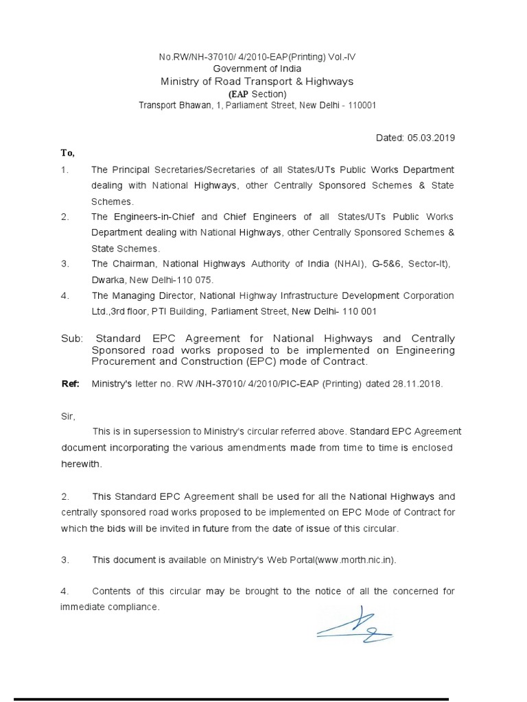 Revised Standard EPC Agreement For NH and Centrally Sponsored Road ...