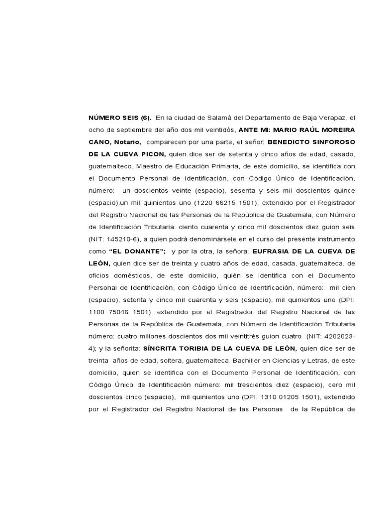 Modelo de Escritura Donación Entre Vivos Con Usufructo Vitalicio A ...