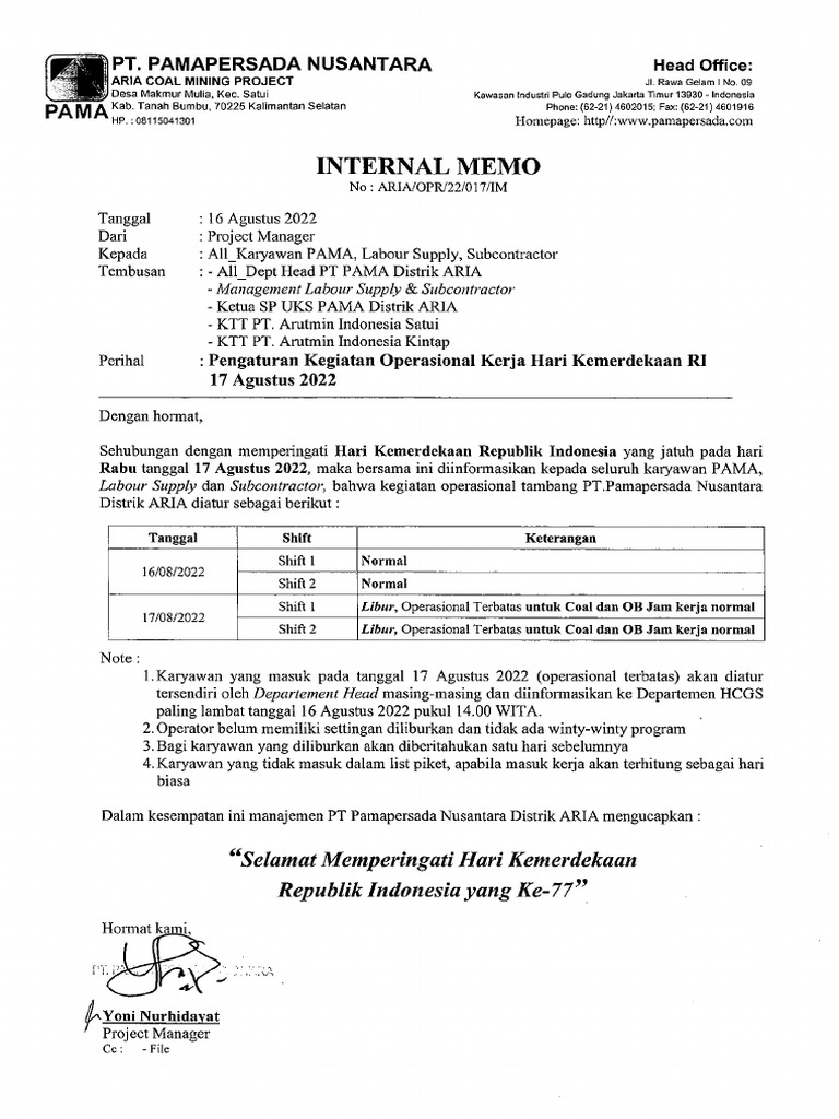 Internal Memo Hari Kemerdekaan 17 Agustus 2022 | PDF
