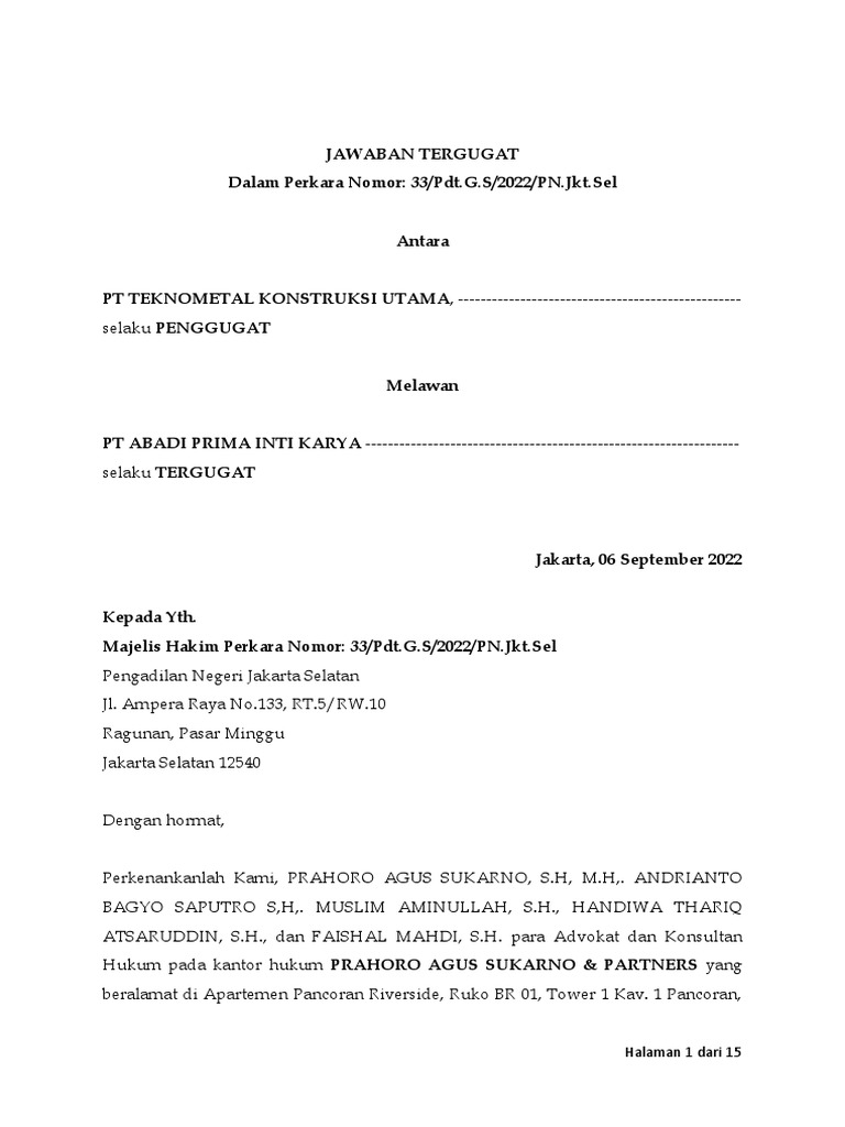 Contoh Jawaan Gugatan Sederhana | PDF