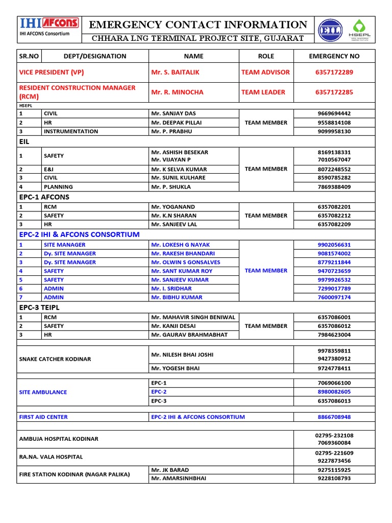 Chhara LNG Emergency Contacts | PDF