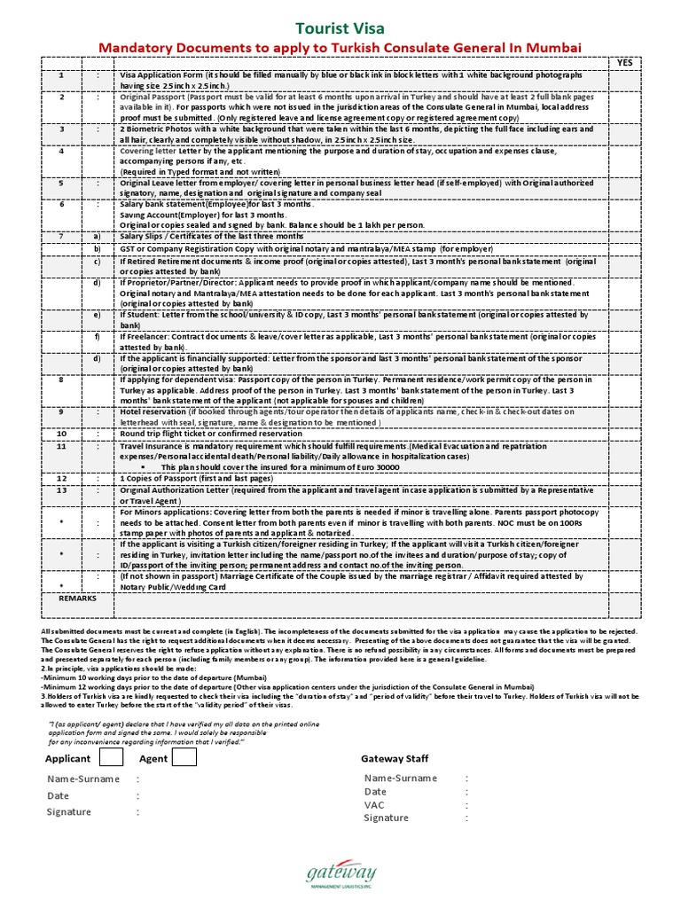 Tourist Visa Checklist - Bombay2 | PDF | Travel Visa | Notary Public