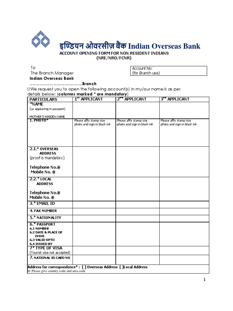 IOB NRE NRO FCNR Account Opening Form | PDF | Banks | Payments
