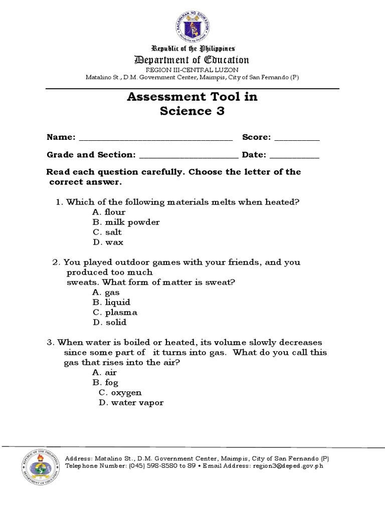Assessment Science 3 | PDF | Water | Weather