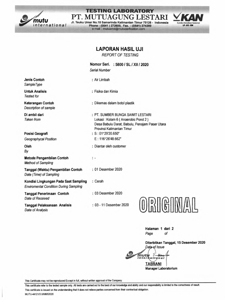 12 SHU Limbah Cair PT. SBSL Desember 2020 | PDF