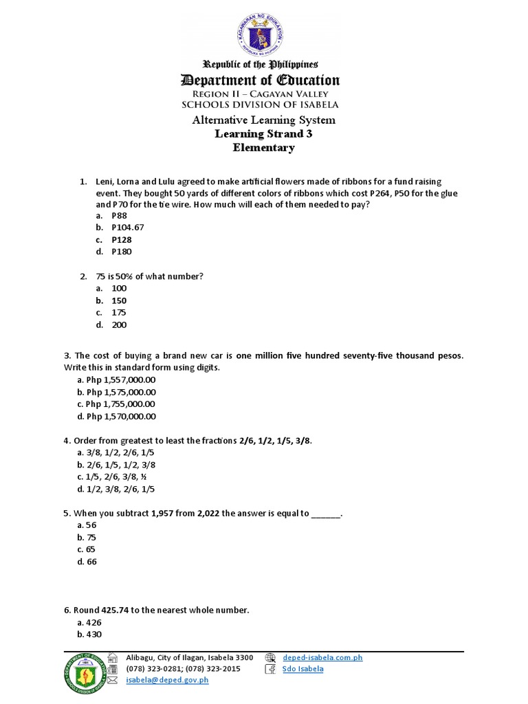Test Item Bank LS3 EL | PDF | Elementary Mathematics | Mathematics