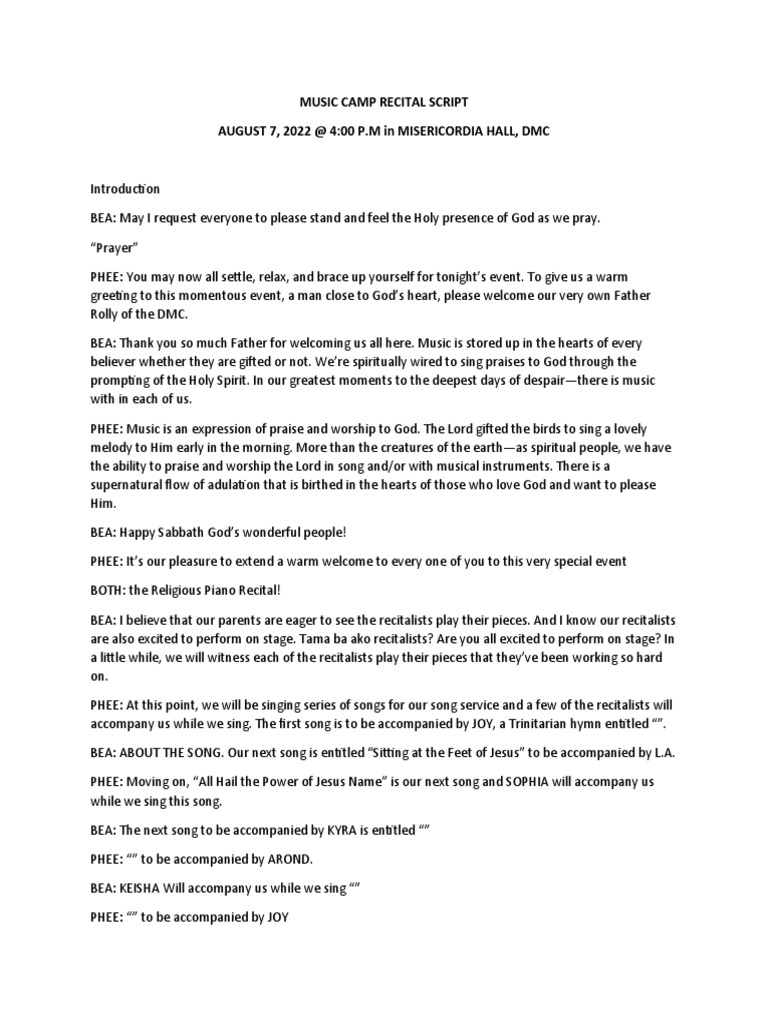 Music Camp Recital Script | PDF | Prayer | God