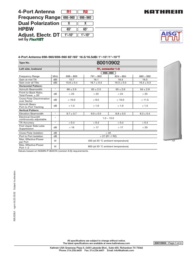 4-Port Antenna Frequency Range Dual Polarization HPBW Adjust. Electr ...
