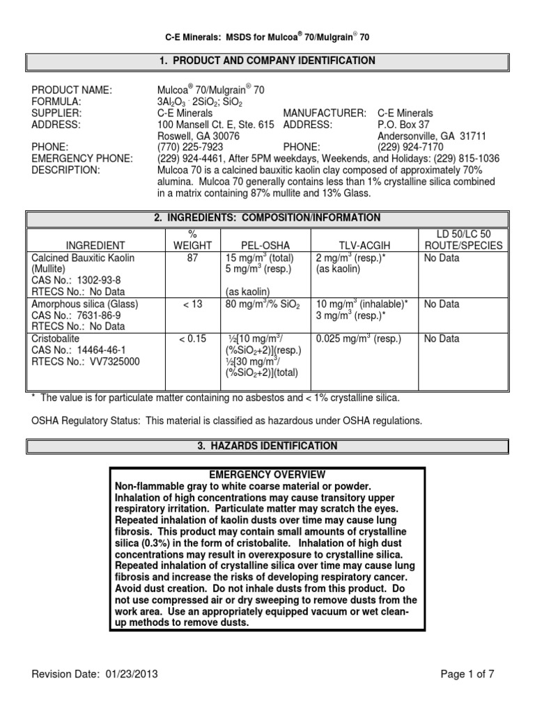 C-E Minerals: MSDS For Mulcoa 70/mulgrain 70: Revision Date: 01/23/2013 ...