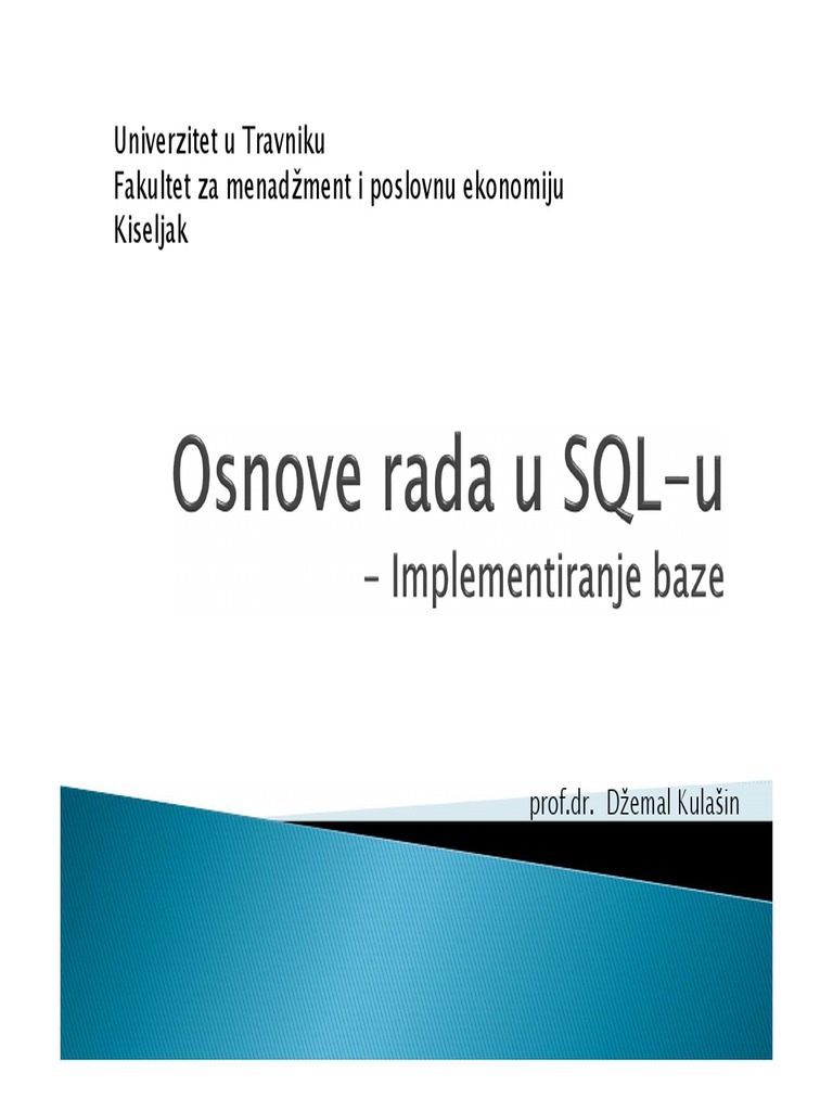 Osnove Rada U SQL - U - Implementacija Baze | PDF