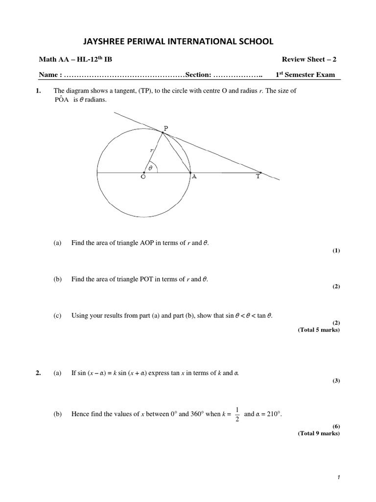 Maths AA HL Review Sheet | PDF | Triangle | Circle