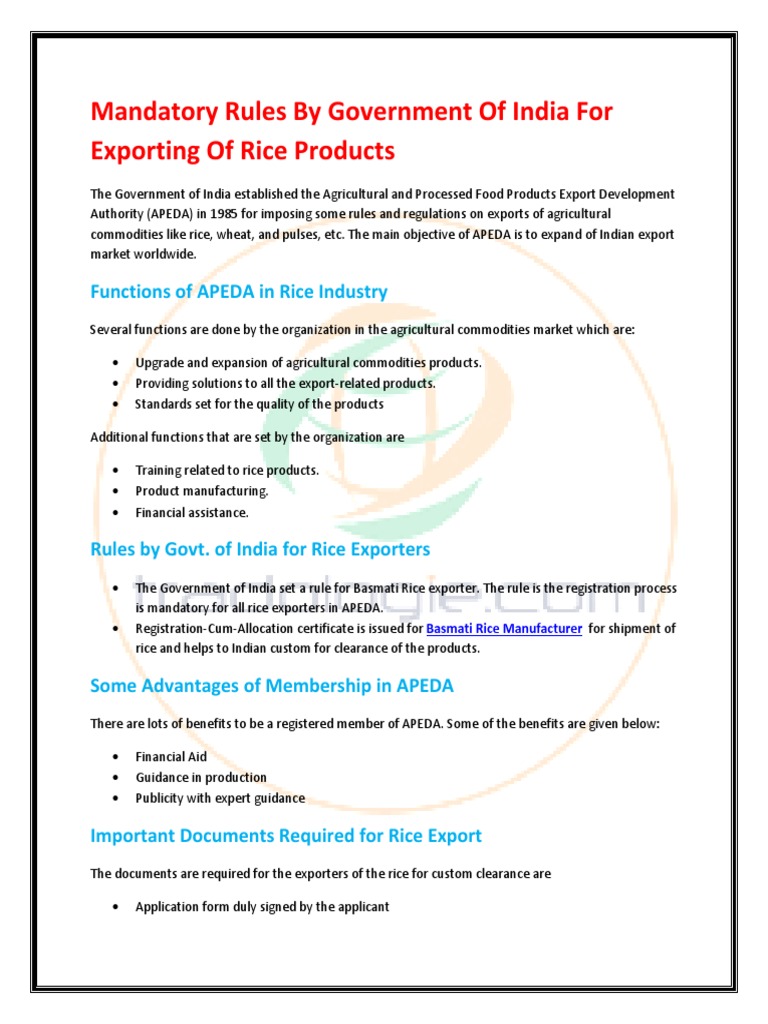 Mandatory Rules by Government of India For Exporting of Rice Products ...