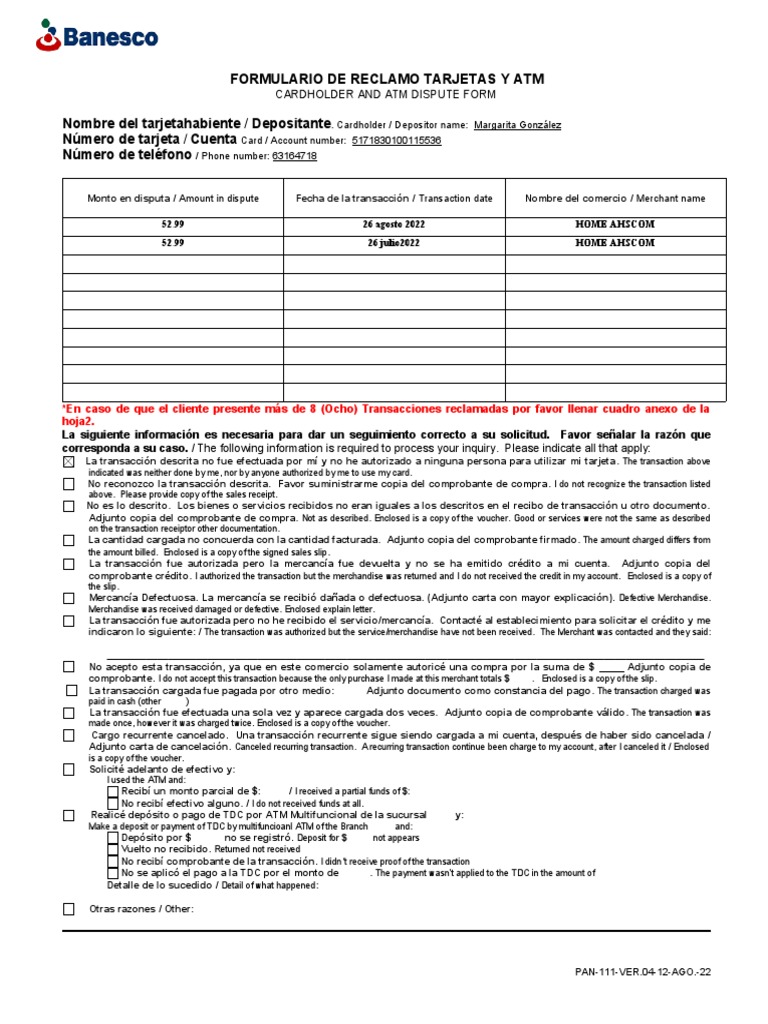Formulario de Reclamo de Tarjeta y ATM | PDF