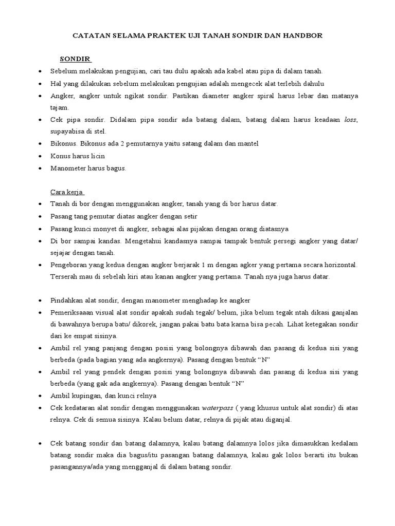 Catatan Selama Praktek Uji Tanah Sondir Dan Handbor | PDF