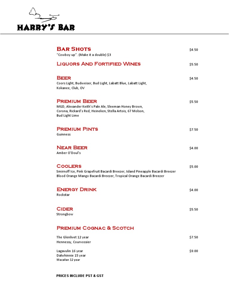 Harry's Bar - Liquor Menu | PDF | Anheuser Busch Brands | Rum