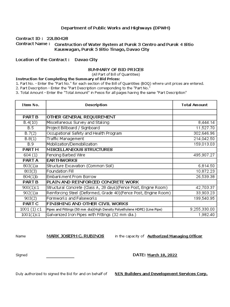 DPWH Bid Form for Water System Project | PDF | Pipe (Fluid Conveyance ...
