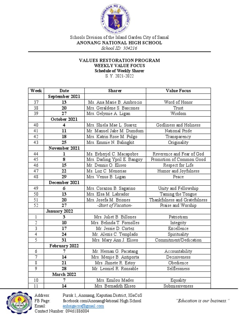 2021 Weekly Value Focus Schedule | PDF | Religious Belief And Doctrine
