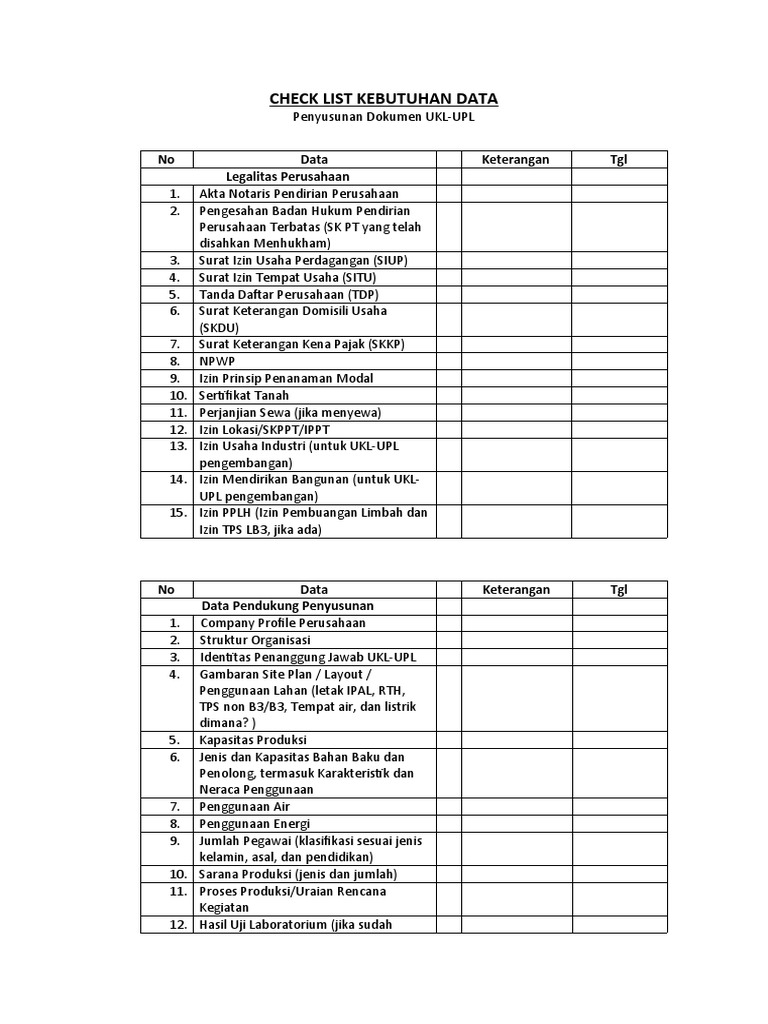 Ceklist Kebutuhan Data UKL-UPL-1 | PDF