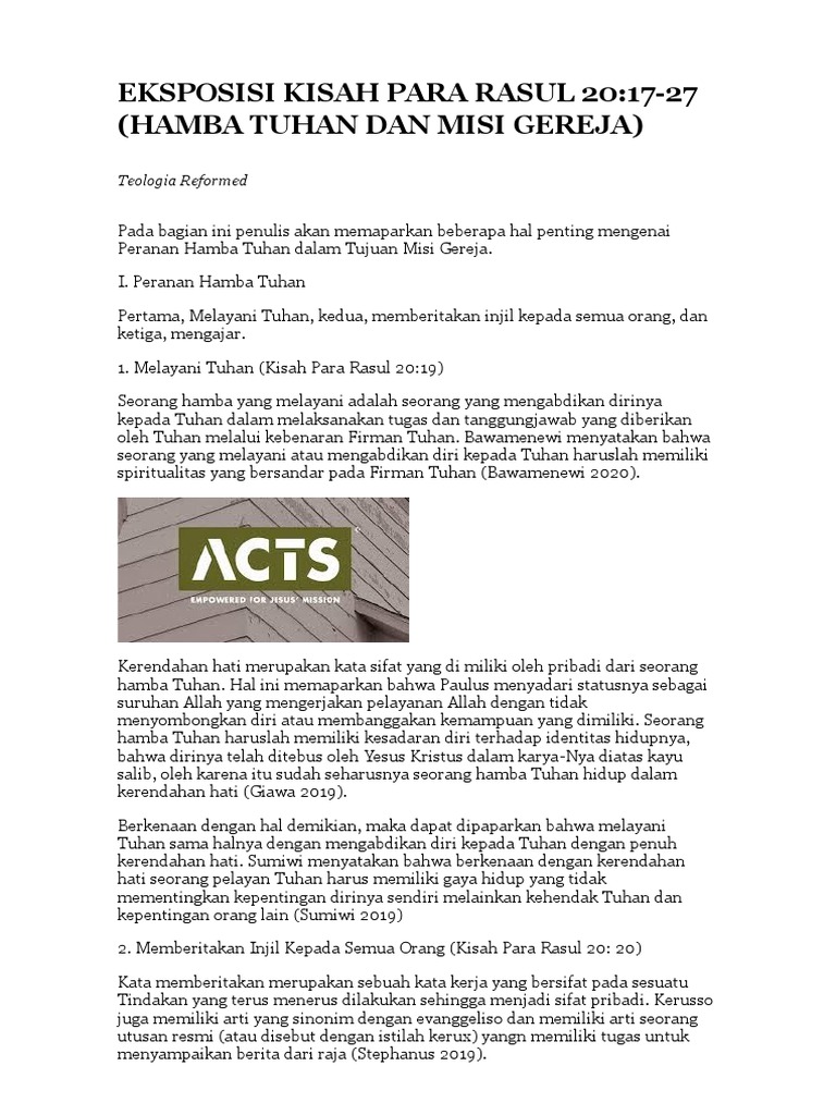 Eksposisi Kisah para Rasul 20 17-27 (Hamba Tuhan Dan Misi Gereja) - Teologia Reformed | PDF