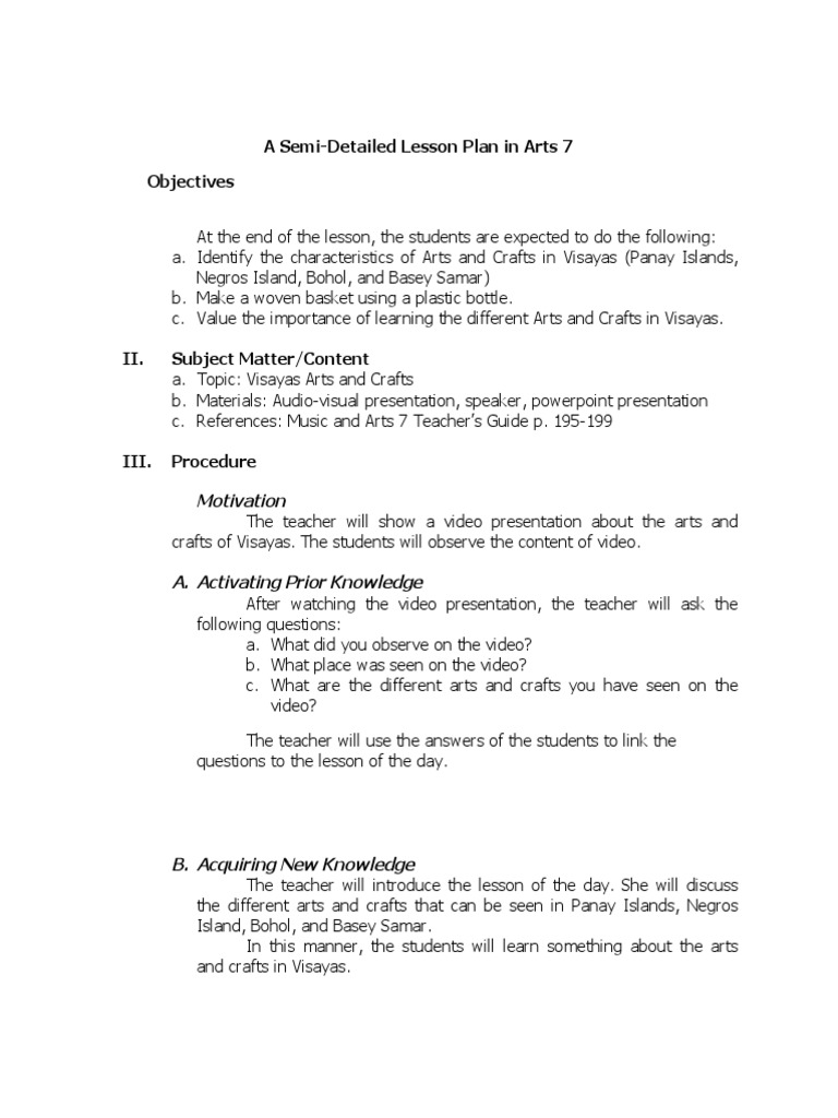 Visayas Arts and Crafts Lesson Plan | PDF | Lesson Plan | Teachers