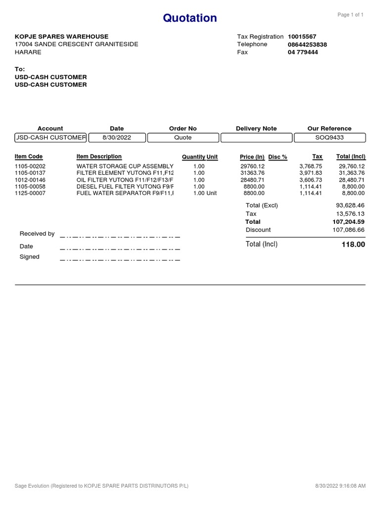 Kopje Spares Price Quotation | PDF