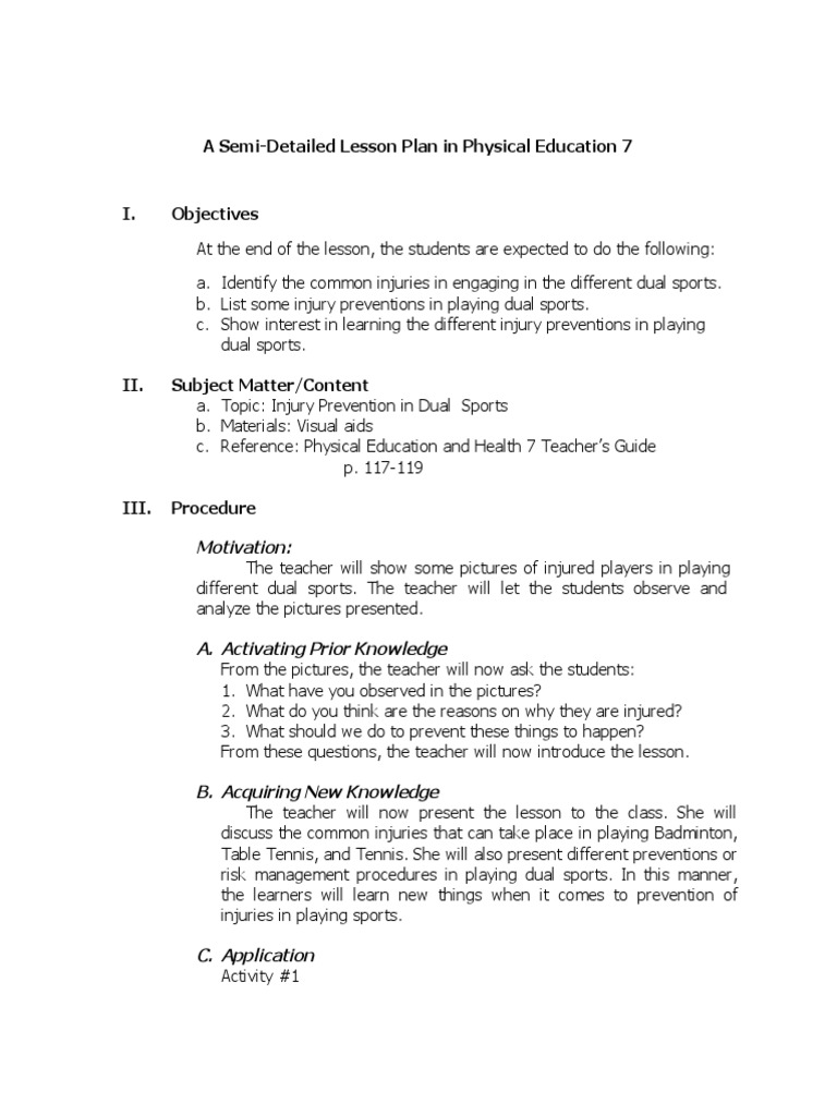 Lesson Plan #9 (Injury Prevention in Dual Sports) | PDF | Lesson Plan ...