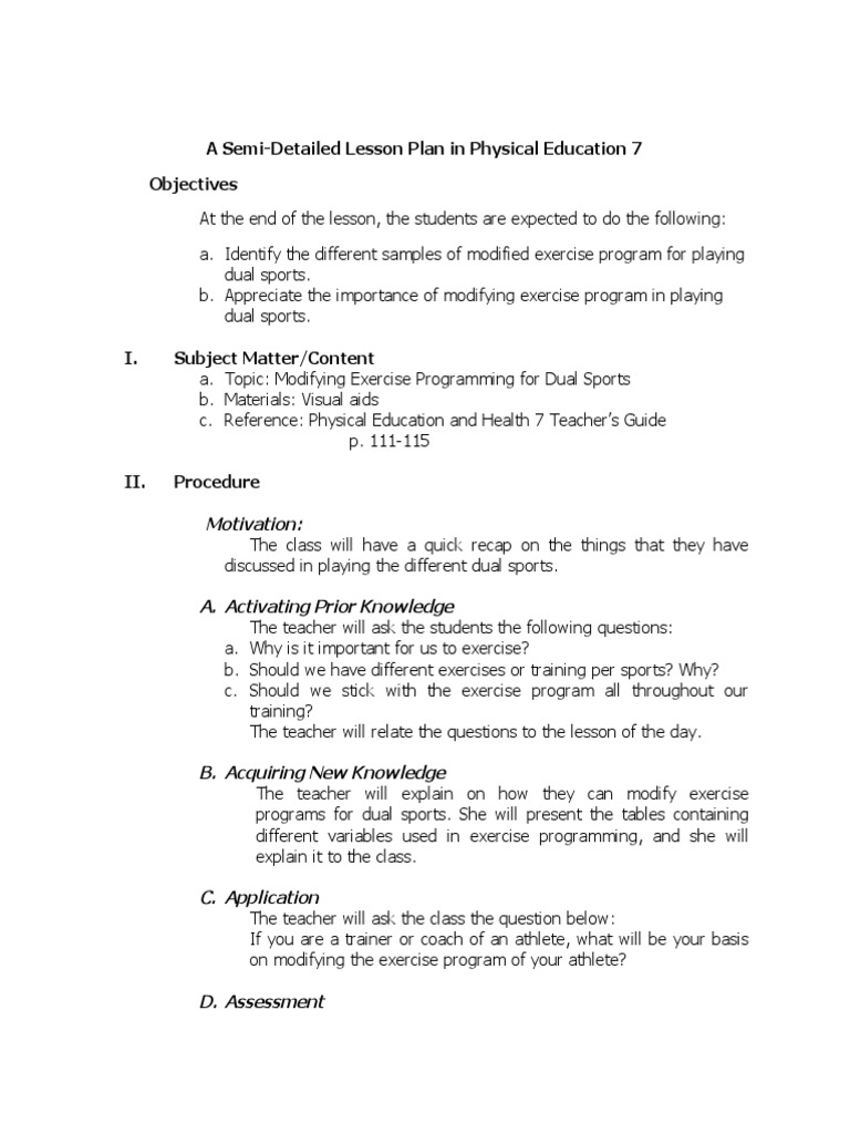 Lesson Plan #8 (Modifying Exercise Program) | PDF | Lesson Plan | Teachers