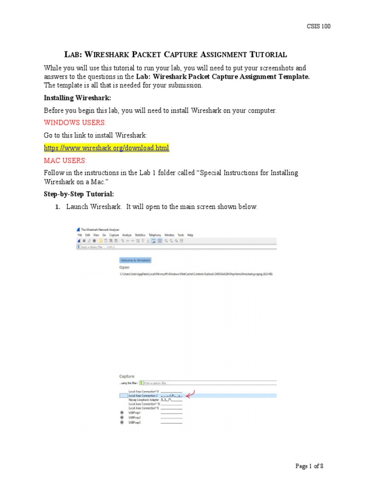 Lab Wireshark Packet Capture Assignment Tutorial | PDF | Ip Address | Screenshot