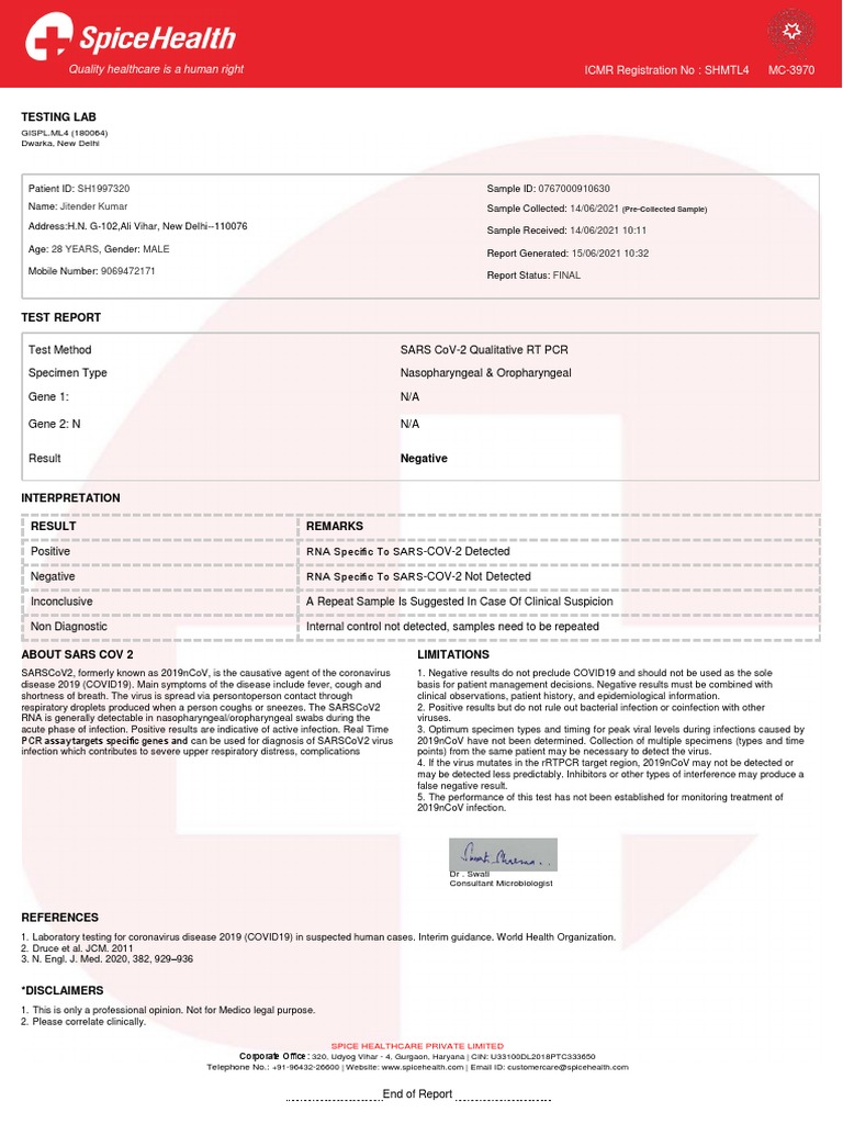 Jitender Kumar RTPCR Report | PDF | Infection | Virus