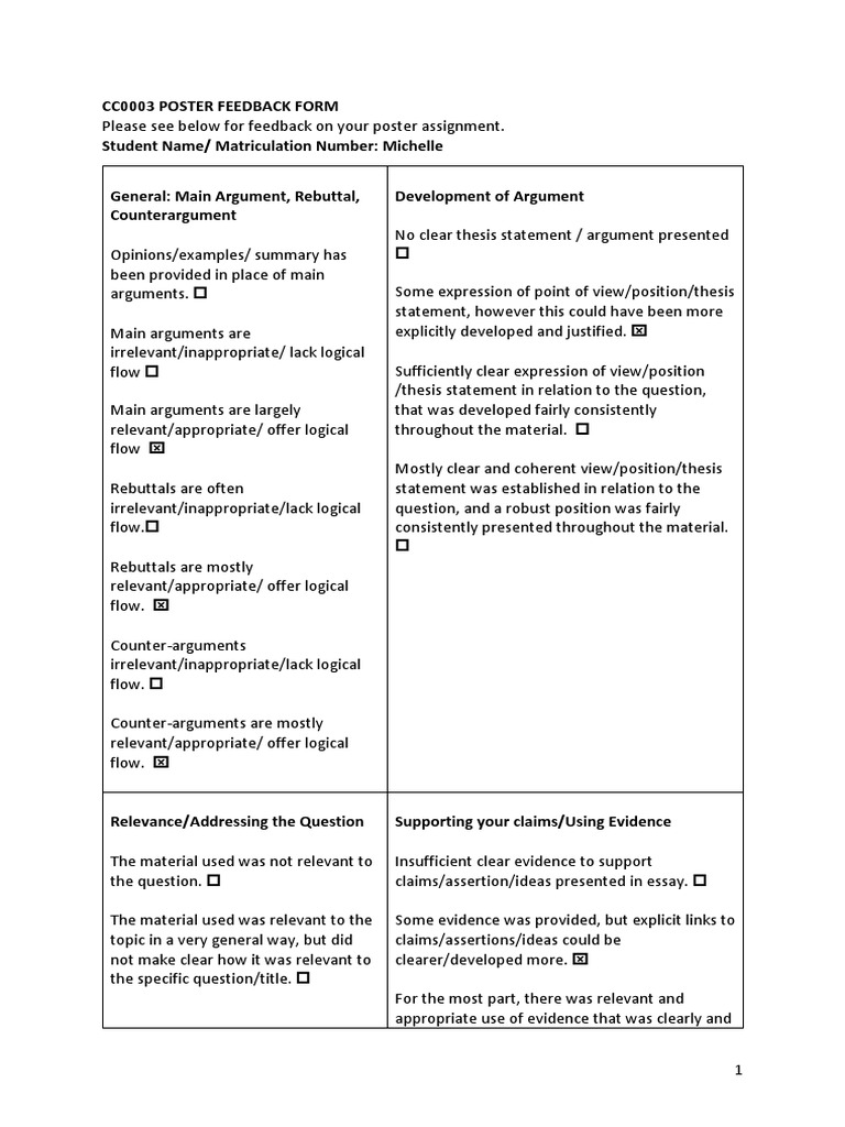 Michelle Cc0003 Poster Feedback Form | PDF | Argument | Citation