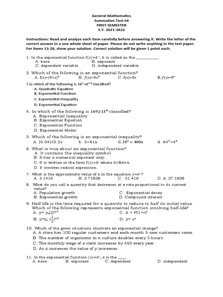 Summative Test 4 Gen Math 2021 22 | PDF | Exponential Function | Equations