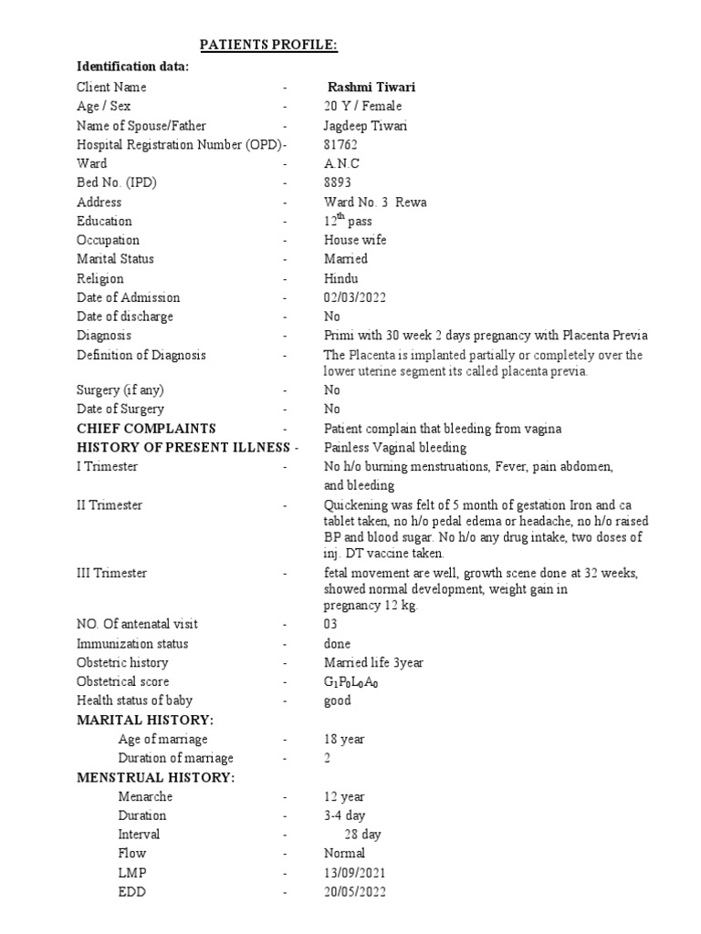 Patients Profile and Placenta Previa Diagnosis | PDF | Childbirth | Pregnancy