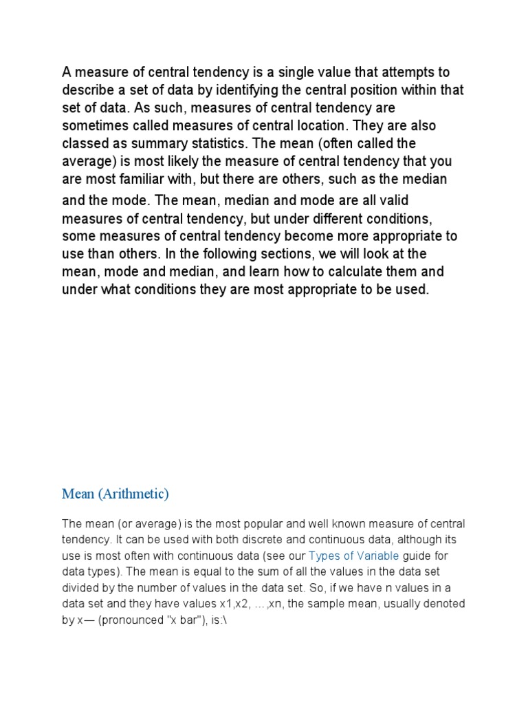 A Measure of Central Tendency Is A Single Value That Attempts To ...